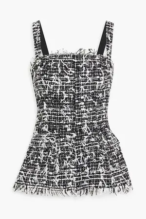 Oscar De La Renta Frayed Cotton-blend Tweed Peplum Top - Black