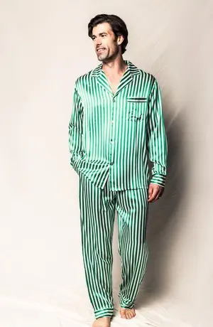 PETITE PLUME Stripe Mulberry Silk Pajama Set - Green