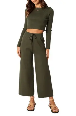 PETAL & PUP Ribbed Top And Wide-leg Pants Set - Olive