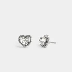 COACH Halo Heart Crystal Stud Earrings - Silver