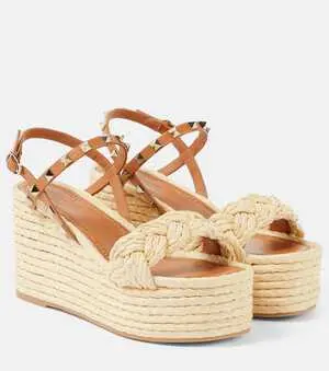 Valentino Garavani Rockstud Braided Espadrille Wedges - Brown
