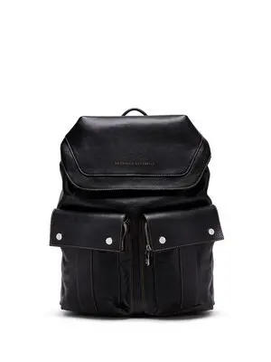 Brunello Cucinelli Logo-Print Leather Backpack Black