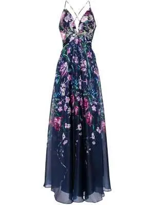 Marchesa Floral Print Chiffon Gown