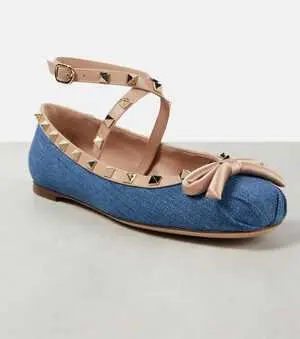 Valentino Garavani Rockstud Leather-trimmed Denim Ballet Flats - Blue