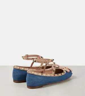 Valentino Garavani Rockstud Leather-trimmed Denim Ballet Flats - Blue