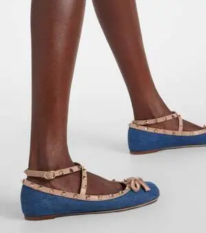 Valentino Garavani Rockstud Leather-trimmed Denim Ballet Flats - Blue