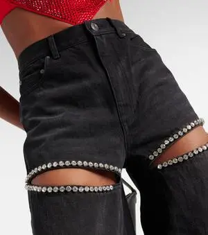 AREA Crystal-embellished Wide-leg Jeans - Black