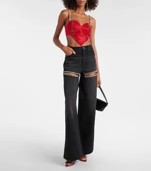 AREA Crystal-embellished Wide-leg Jeans - Black