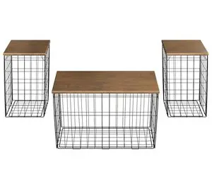 LAVISH HOME 3 Set Living Room Tables Metal Bas Ket Storage - One-color