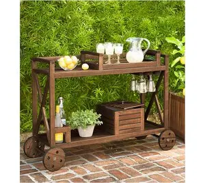 PLOW & HEARTH Claremont Eucalyptus Rolling Outd Oor Bar Cart - One-color