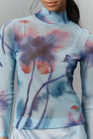 Anthropologie Mesh Turtleneck Top - Light Blue