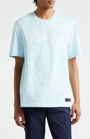 Versace 1978 Re-edition Logo Embroidered Cotton Jersey T-shirt Pale Blue
