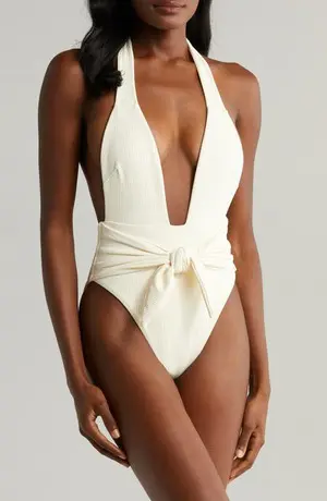 MONTCE Tropez Rib Tie Waist One-piece Swimsuit - Cream Rib