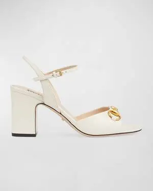 Gucci Lady Leather Horsebit Ankle-strap Sandals - 9022 Mystic Wht
