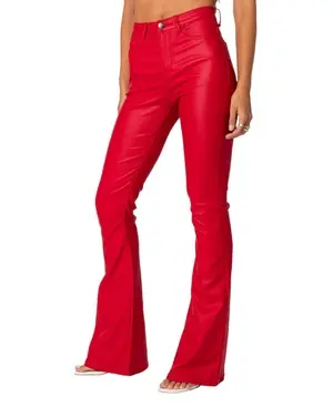 EDIKTED Luna Faux Leather Flare Jeans - Red