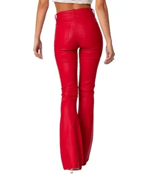 EDIKTED Luna Faux Leather Flare Jeans - Red
