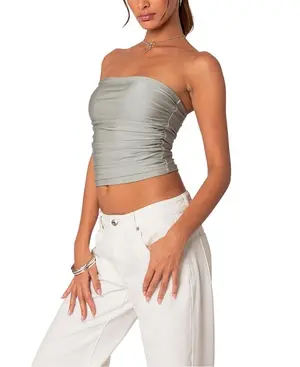 EDIKTED Maxeen Shiny Gathered Tube Top - Silver-tone