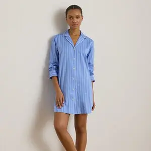 Ralph Lauren Logo Striped Sateen Sleep Shirt - Blue Print