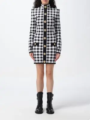 Balmain Gingham Check Knit Dress - White