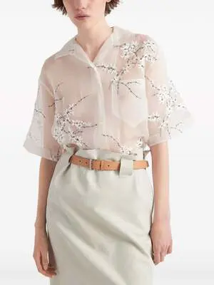 Prada Floral-embroidered Sheer Silk Shirt - White
