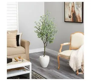 NEARLY NATURAL 63 Eucalyptus Faux Tree In White Planter
