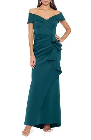 XSCAPE EVENINGS Off-the-shoulder Scuba Crepe Gown - Hunter