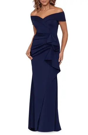 XSCAPE EVENINGS Off-the-shoulder Scuba Crepe Gown - Midnight
