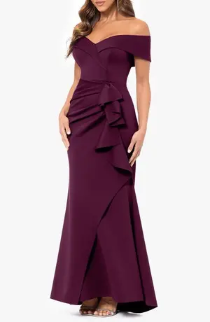 XSCAPE EVENINGS Off-the-shoulder Scuba Crepe Gown - Wine