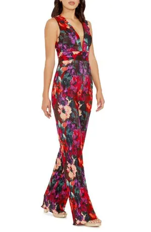 Dress The Population Hunter Floral Print Plissé Jumpsuit