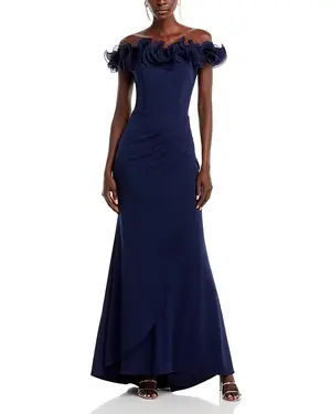 Aqua Ruffled Neck Gown - Navy