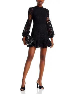 Aqua Long Sleeve Lace Mini Dress - Black