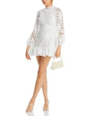 Aqua Long Sleeve Lace Mini Dress - White