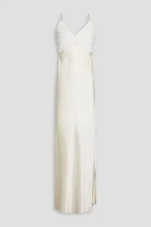 Frame Pleated Georgette-Paneled Satin Maxi Dress In Ecru - 80% Off