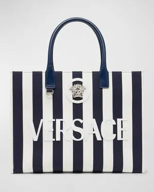 Versace La Medusa Striped Canvas Tote Bag - Navy White Pallad