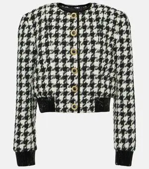 Balmain Houndstooth Tweed Bomber Jacket - Black