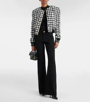 Balmain Houndstooth Tweed Bomber Jacket - Black