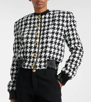 Balmain Houndstooth Tweed Bomber Jacket - Black