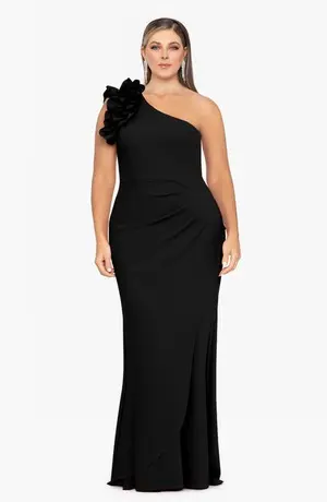 XSCAPE EVENINGS Ruffle Detail One-shoulder Sheath Gown - Black