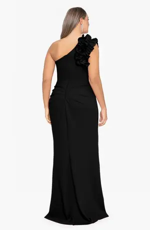 XSCAPE EVENINGS Ruffle Detail One-shoulder Sheath Gown