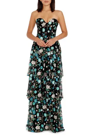 Dress The Population Layana Floral Embroidered Strapless Gown - Turquoise Multi