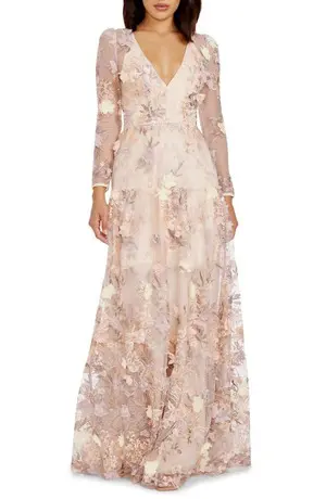 Dress The Population Angelina Floral Embroidered Gown - Cream Multi