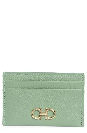 FERRAGAMO Gancini Leather Card Case - Seagrass/lucky Charme