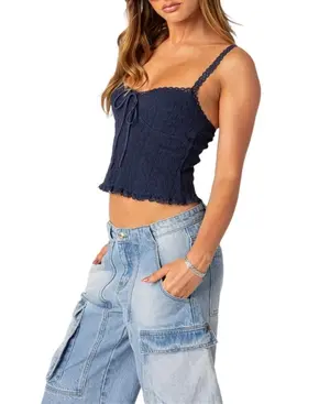 EDIKTED Lacey Knit Tank Top - Navy