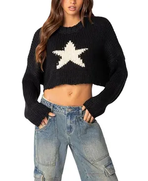 EDIKTED Mega Star Cropped Sweater - Black