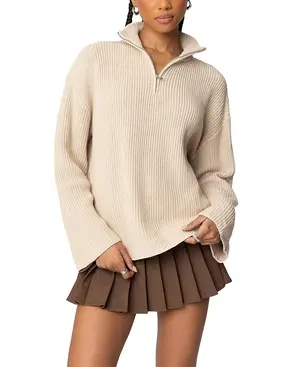 EDIKTED Amour High Neck Oversized Zip Sweater - Beige