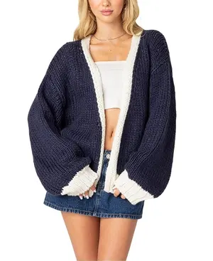 EDIKTED Contrast Chunky Knit Cardigan - Navy