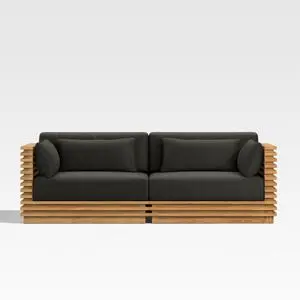 Crate & Barrel Batten 83" Teak Outdoor Loveseat With Charcoal Cushions - Grey/natural