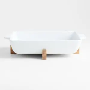 Crate & Barrel Oven-to-table Rectangle Baking Dish With Wood Stand - White