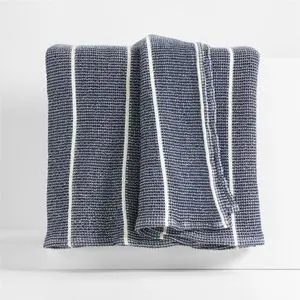 Crate & Barrel Organic Cotton Deep Indigo Striped Waffle Oversized Throw Blanket - Blue