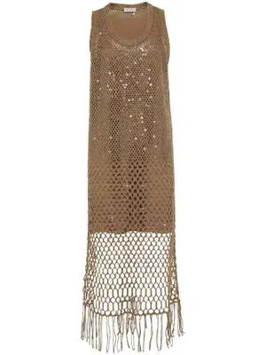 Brunello Cucinelli Sequin-embellished Crochet Knit Midi Dress - Brown